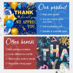 Thank You Banner Backdrop Stand - Reusable We Appreciate You Banner for Staff Appreciation Gifts Ceremony - Gold Blue Teacher Appreciation Decorations - Volunteer Appreciation Decorations - Durable Fabric