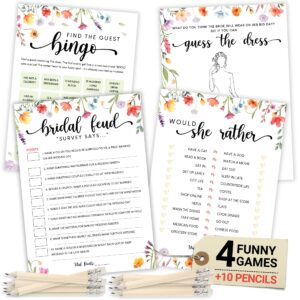 stofinity hilarious bridal shower games 30 guests - set of 4 couples wedding shower games for wildflower bridal shower decorations, fun bridal shower bingo game cards, floral bridal party games (5x7)