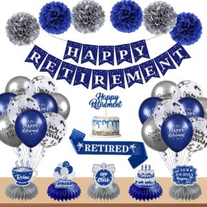 roetyce retirement party decorations for men women, 32pcs blue silver happy retirement banner balloons honeycomb cake topper pompoms kit, blue retired sash for coworker, office retirement supplies