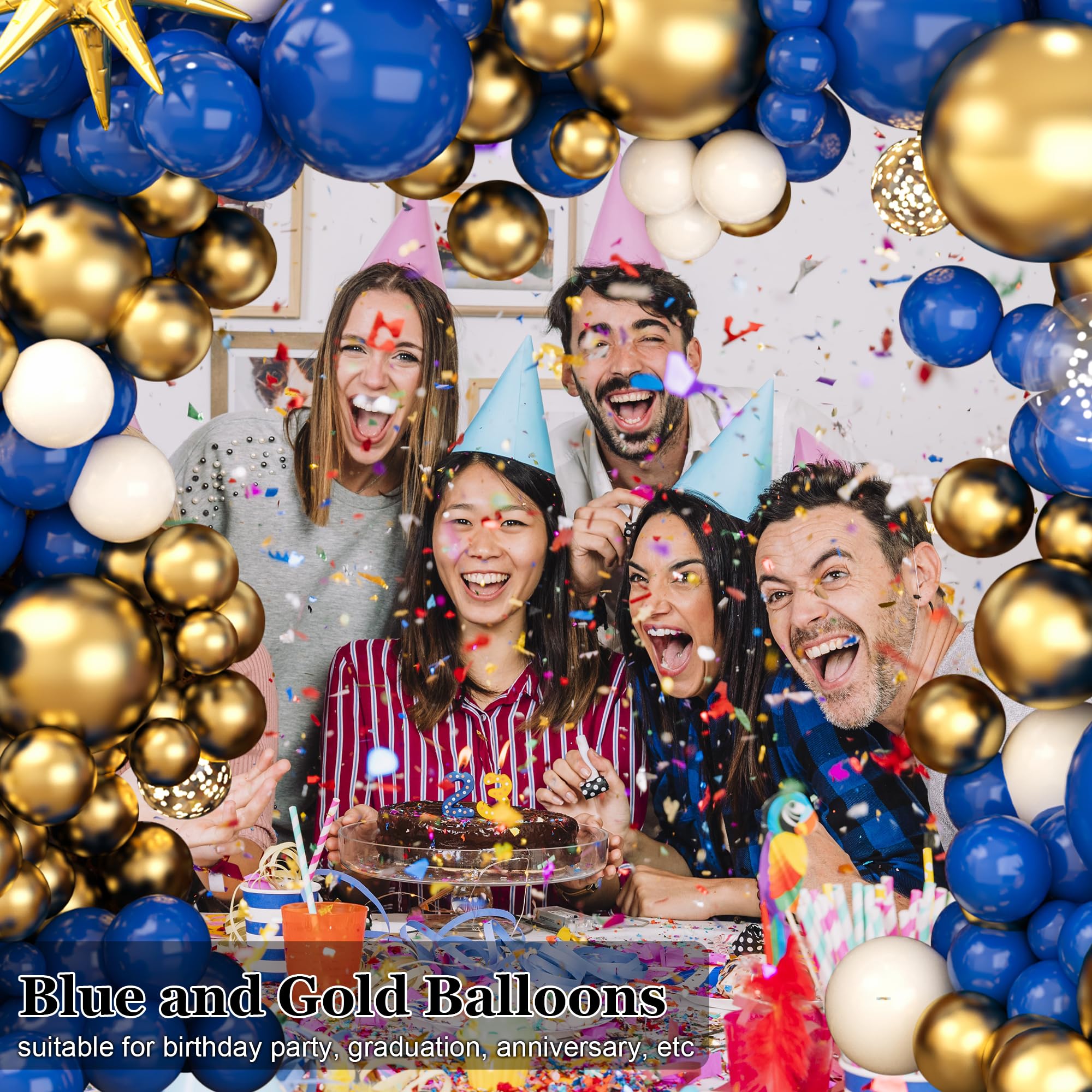 PARTYNOW 144Pcs Royal Blue and Gold Balloons Garland Arch Kit with Explosion Star Balloons 5/10/12/18in Blue White Gold Balloons for 2024 Graduation New Year Wedding Birthday Party Decorations