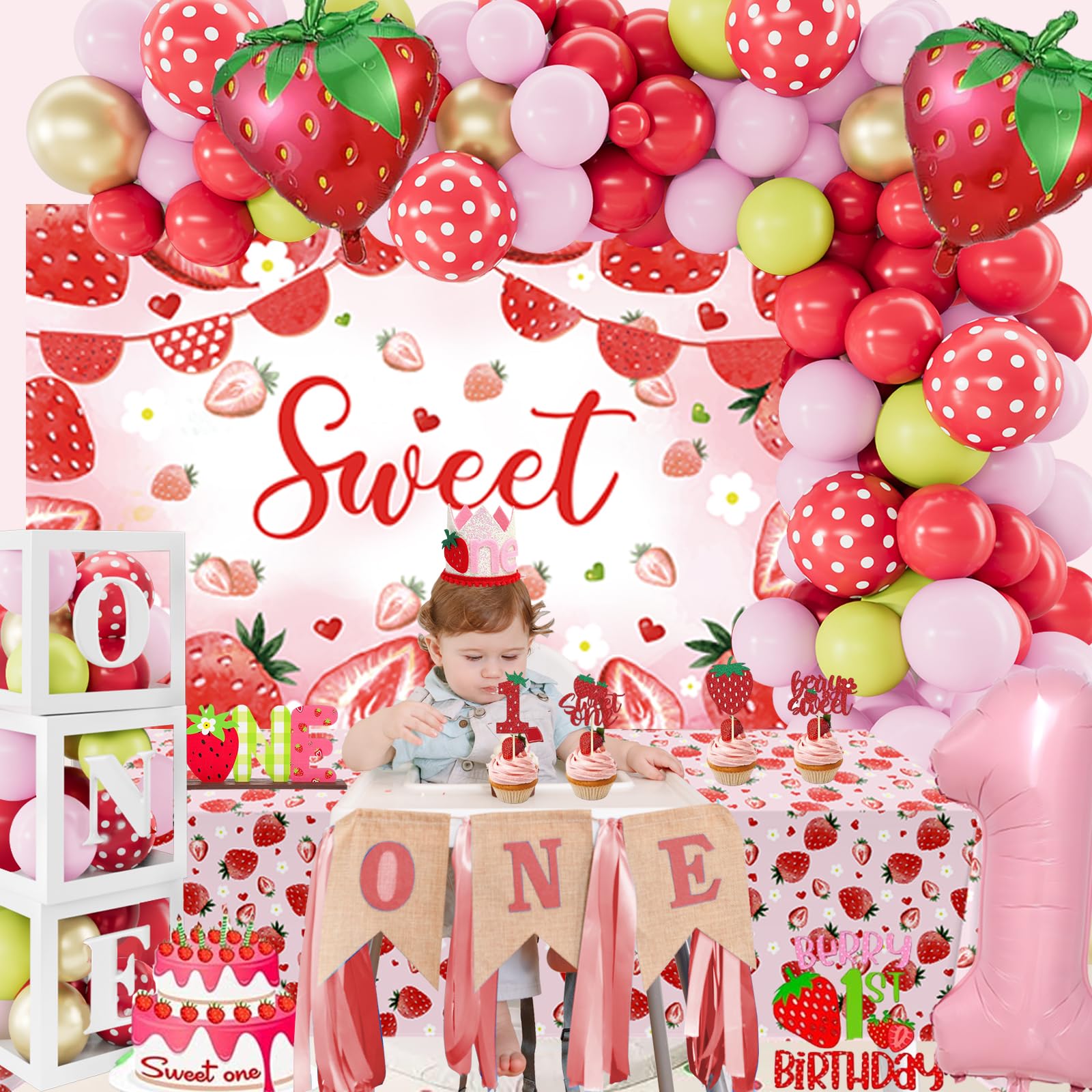 Strawberry First Birthday Decor for Girl-Strawberry Balloon Arch with Baby Boxes, Strawberry First Backdrop for Sweet One Girl 1st Birthday Party,Strawberry Party Decorations,Girl Baby Shower Party