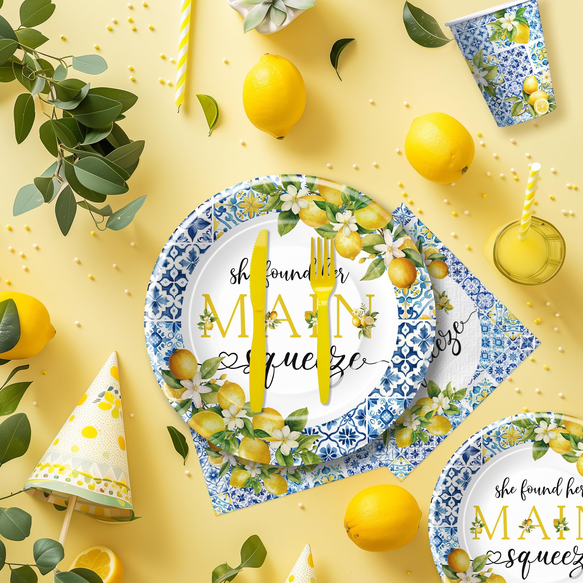 HIPVVILD She Found Her Main Squeeze Bridal Shower Party Tableware - Lemon Bridal Shower Decorations, Paper Plate, Cup, Napkin, Cutlery, Summer Citrus Fruit Capri Lemon Party Decorations | Serve 24