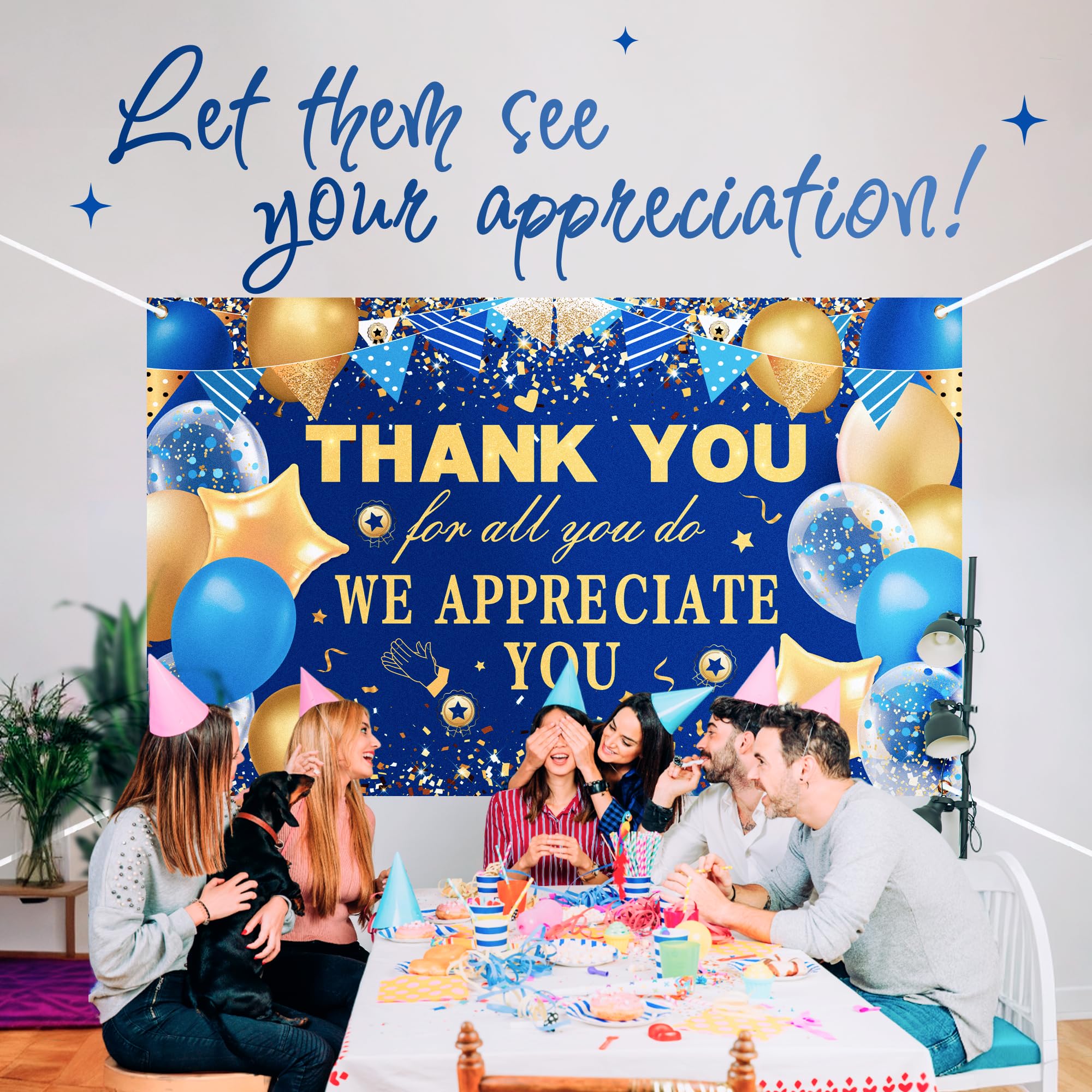 Thank You Banner Backdrop Stand - Reusable We Appreciate You Banner for Staff Appreciation Gifts Ceremony - Gold Blue Teacher Appreciation Decorations - Volunteer Appreciation Decorations - Durable Fabric