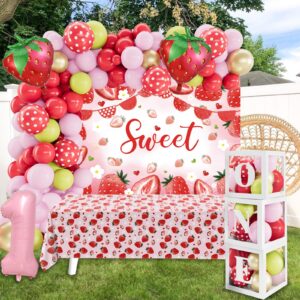 Strawberry First Birthday Decor for Girl-Strawberry Balloon Arch with Baby Boxes, Strawberry First Backdrop for Sweet One Girl 1st Birthday Party,Strawberry Party Decorations,Girl Baby Shower Party