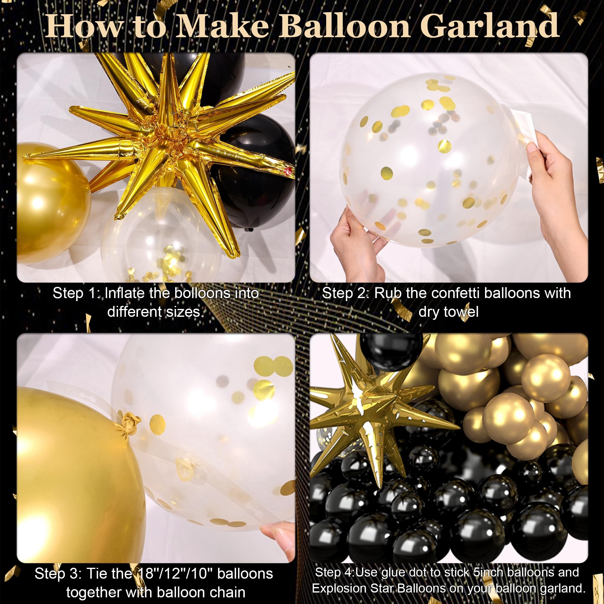 PARTYNOW 137Pcs Black and Gold Balloons Garland Arch Kit 5/10/12/18in Black Metallic Gold Confetti Latex Balloons with Explosion Star Balloons for Graduation Anniversary Birthday Party Decorations