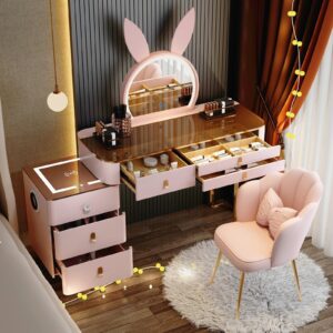 sfjatta pink vanity dressing table set, wooden makeup desk with cushioned stool, girls women vanity desk for bedroom dressing room, for modern bedroom small space (pink table) (size : 80cm/31.5in)