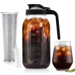 batoybeni cold brew coffee maker 64 oz (2 quart / 1.9 liter) mason jar - wide mouth pitcher with handle & stainless steel filter for coffee, iced tea, sun tea, lemonade, and homemade fruit drinks