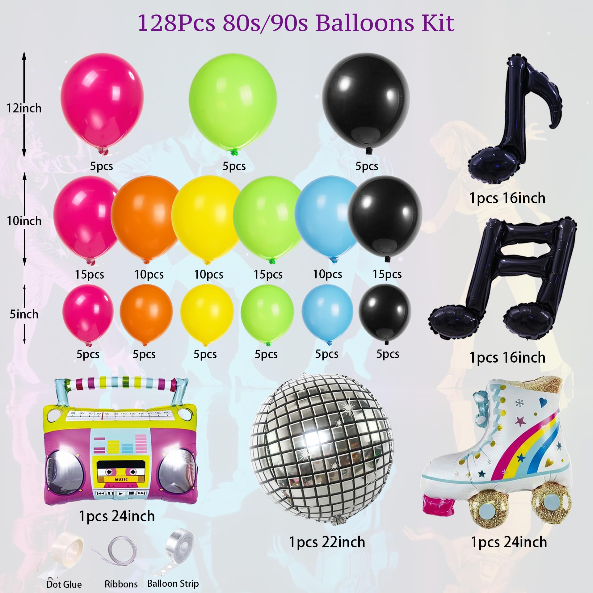 80s 90s Party Decorations 70s Retro Balloon Kit With Disco Ball Radio Skate Balloons For Freaknik Party Decor Disco Dj Music Throwback Birthdays, Proms, Back To The Future,Decades Dance themed Parties