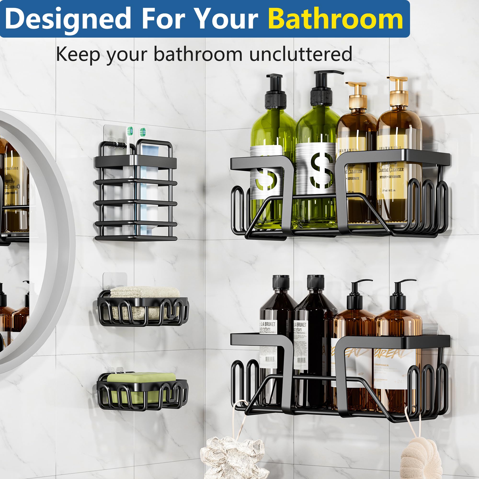 BEKU Shower Caddy 5 Pack - Bathroom Kitchen Organizer & Storage Rack - Adhesive Shelves inside Shower - No Drilling Stainless Steel Accessories Set - Black