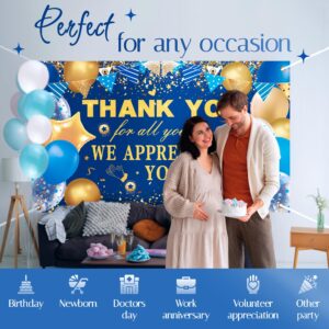 Thank You Banner Backdrop Stand - Reusable We Appreciate You Banner for Staff Appreciation Gifts Ceremony - Gold Blue Teacher Appreciation Decorations - Volunteer Appreciation Decorations - Durable Fabric