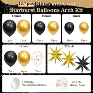 PARTYNOW 137Pcs Black and Gold Balloons Garland Arch Kit 5/10/12/18in Black Metallic Gold Confetti Latex Balloons with Explosion Star Balloons for Graduation Anniversary Birthday Party Decorations