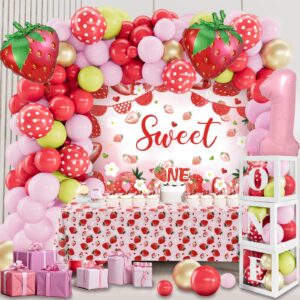 strawberry first birthday decor for girl-strawberry balloon arch with baby boxes, strawberry first backdrop for sweet one girl 1st birthday party,strawberry party decorations,girl baby shower party