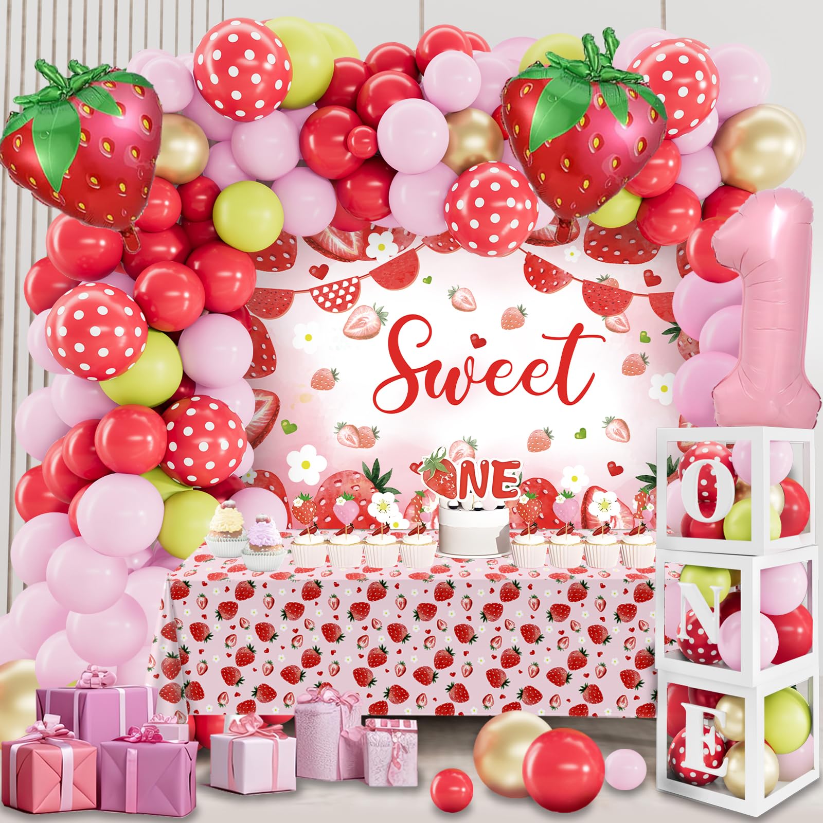 Strawberry First Birthday Decor for Girl-Strawberry Balloon Arch with Baby Boxes, Strawberry First Backdrop for Sweet One Girl 1st Birthday Party,Strawberry Party Decorations,Girl Baby Shower Party