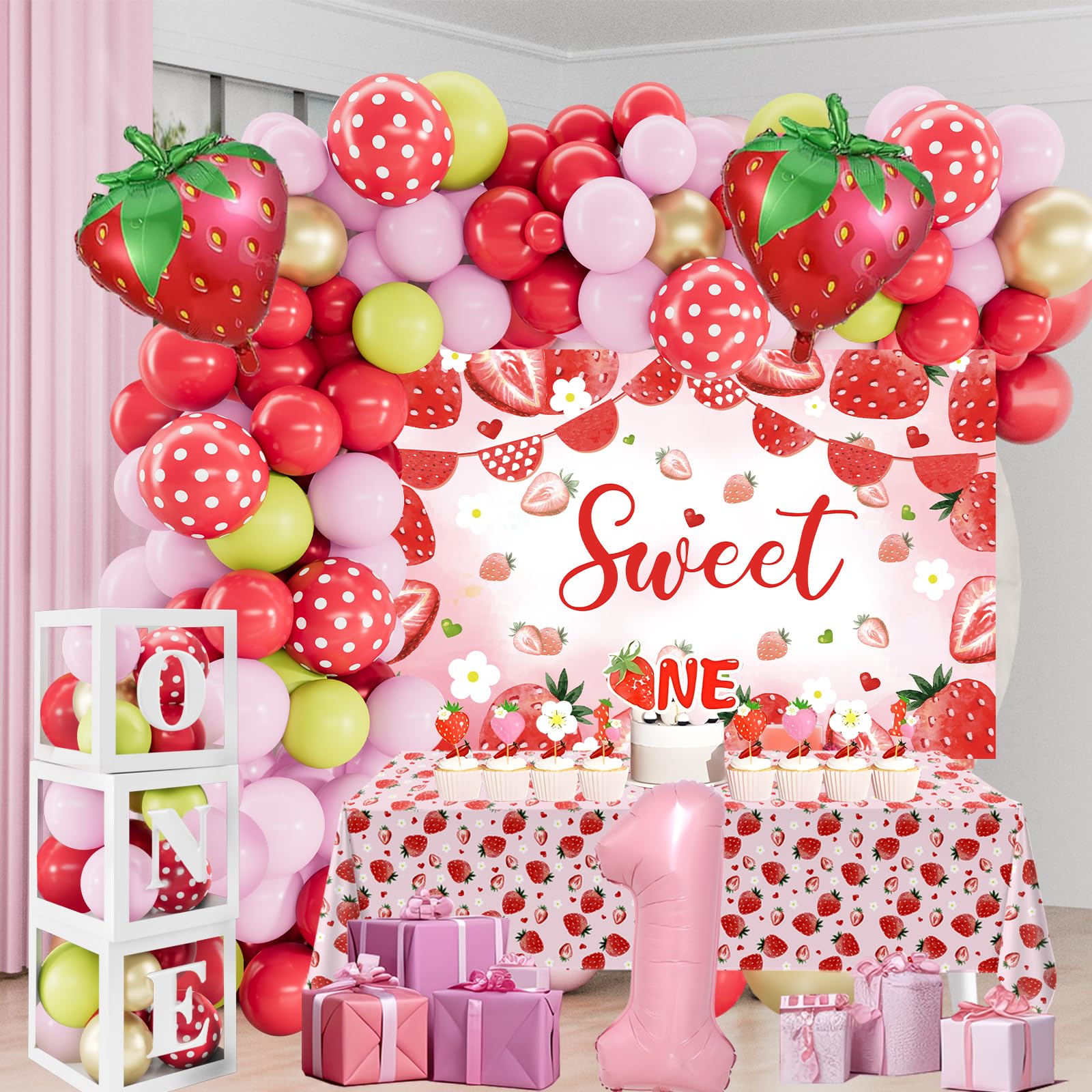 Strawberry First Birthday Decor for Girl-Strawberry Balloon Arch with Baby Boxes, Strawberry First Backdrop for Sweet One Girl 1st Birthday Party,Strawberry Party Decorations,Girl Baby Shower Party