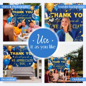 Thank You Banner Backdrop Stand - Reusable We Appreciate You Banner for Staff Appreciation Gifts Ceremony - Gold Blue Teacher Appreciation Decorations - Volunteer Appreciation Decorations - Durable Fabric