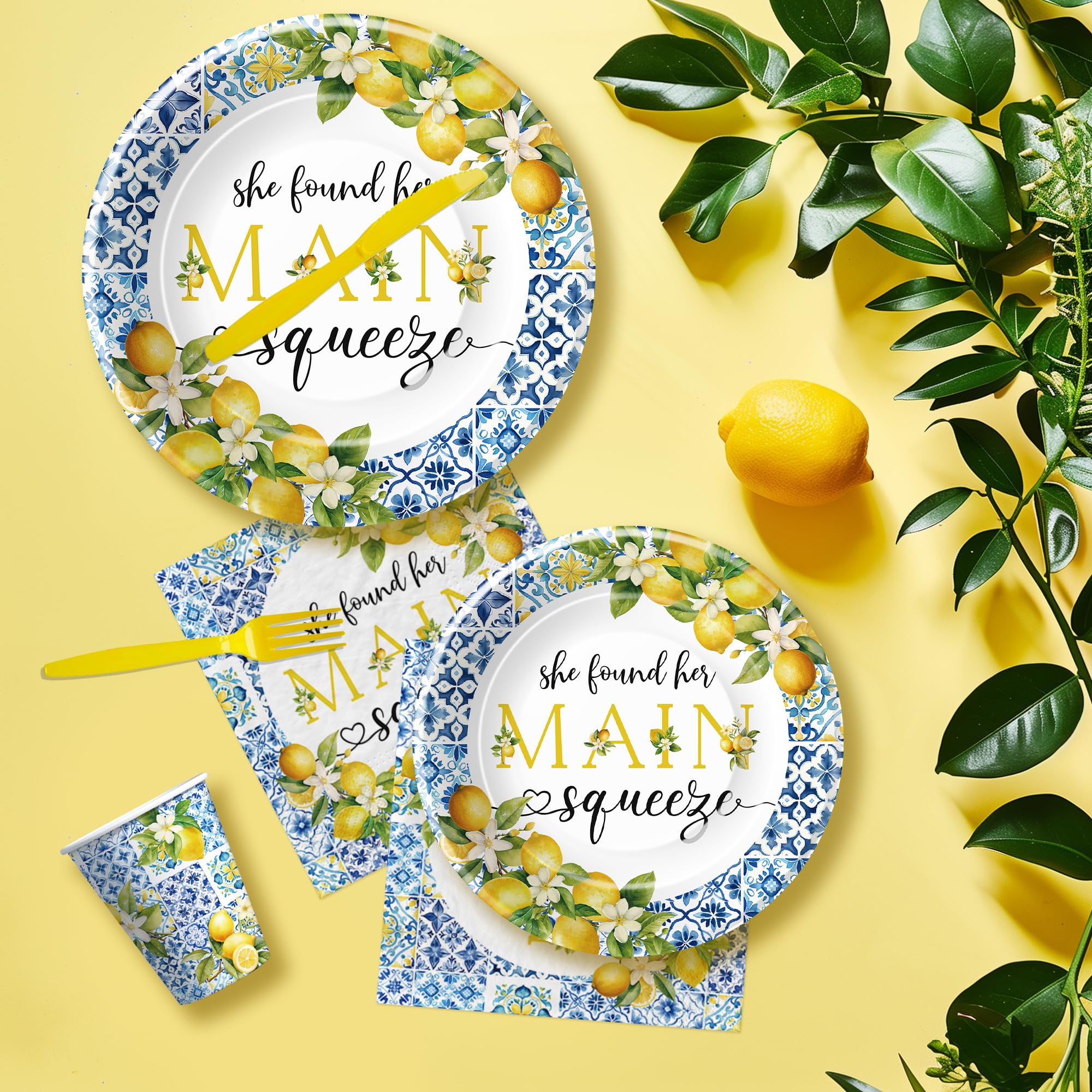 HIPVVILD She Found Her Main Squeeze Bridal Shower Party Tableware - Lemon Bridal Shower Decorations, Paper Plate, Cup, Napkin, Cutlery, Summer Citrus Fruit Capri Lemon Party Decorations | Serve 24