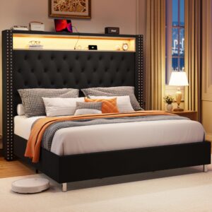 jocisland queen size bed frame 53.6'' tall headboard led lights and charging station, velvet high upholstered platform bed wingback storage, no box spring needed, no motion light under bed, black