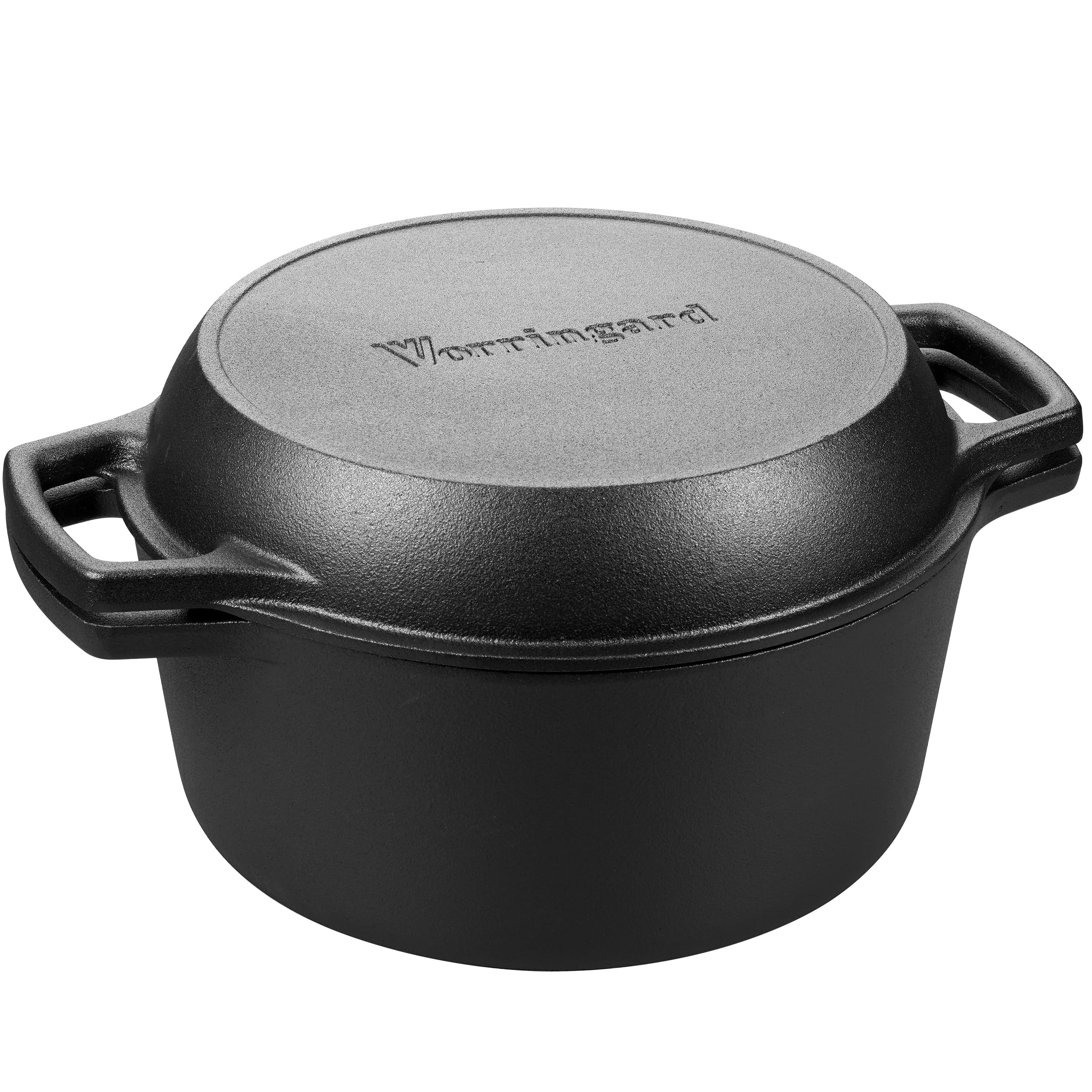 VORRINGARD Pre-seasoned Cast Iron Double Dutch Oven Pot with Skillet Lid, Dual-handle, for Bread Baking, Outdoor, Campfire Cooking, 5 Quart