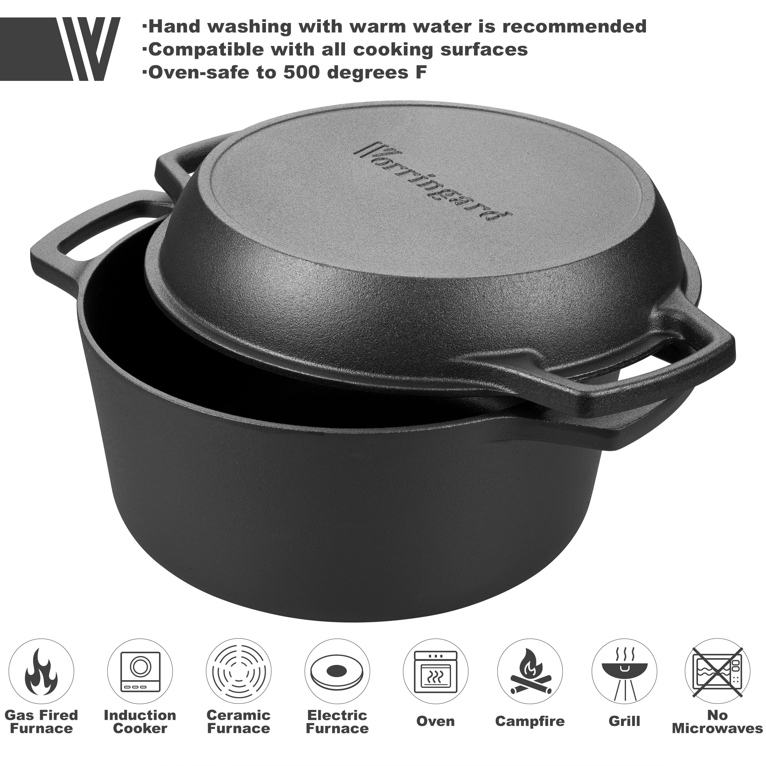 VORRINGARD Pre-seasoned Cast Iron Double Dutch Oven Pot with Skillet Lid, Dual-handle, for Bread Baking, Outdoor, Campfire Cooking, 5 Quart