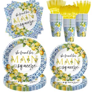 hipvvild she found her main squeeze bridal shower party tableware - lemon bridal shower decorations, paper plate, cup, napkin, cutlery, summer citrus fruit capri lemon party decorations | serve 24