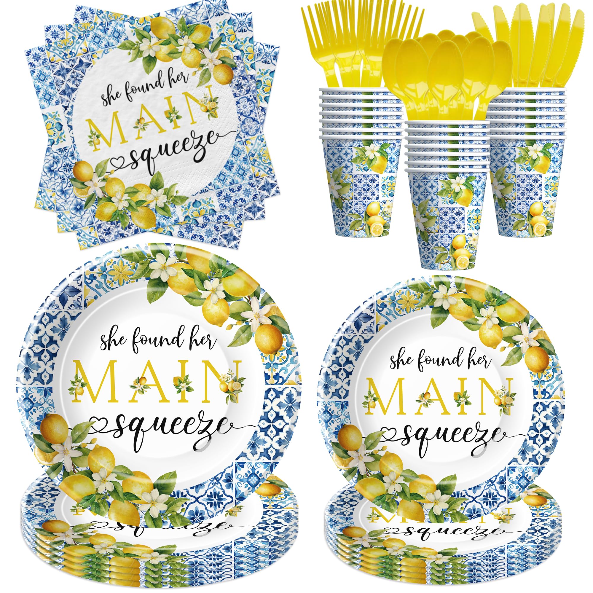 HIPVVILD She Found Her Main Squeeze Bridal Shower Party Tableware - Lemon Bridal Shower Decorations, Paper Plate, Cup, Napkin, Cutlery, Summer Citrus Fruit Capri Lemon Party Decorations | Serve 24