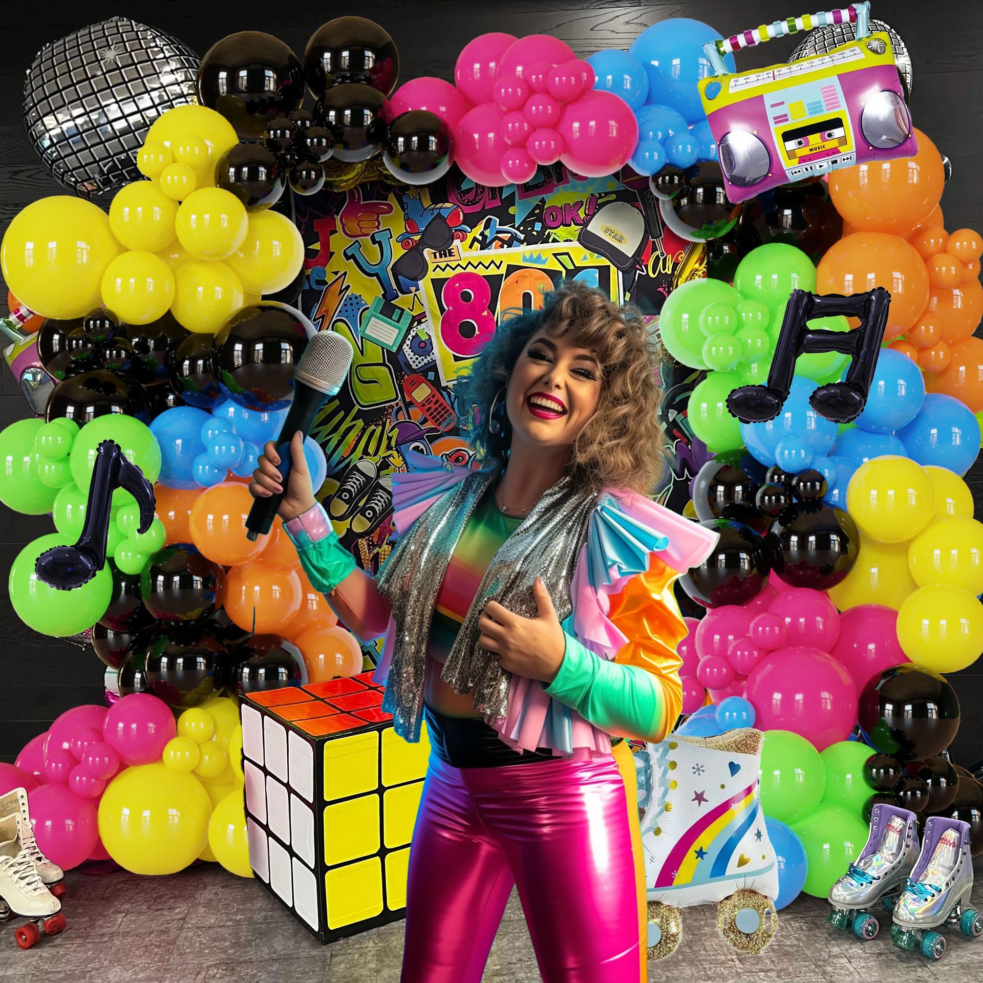 80s 90s Party Decorations 70s Retro Balloon Kit With Disco Ball Radio Skate Balloons For Freaknik Party Decor Disco Dj Music Throwback Birthdays, Proms, Back To The Future,Decades Dance themed Parties