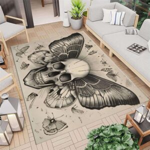 srocvi death moth area rug halloween spooky design carpet with skulls and flowers printed on wild animal moths butterfly modern retro rustic gothic art aesthetic rugs for yoga room porch, 3x4ft