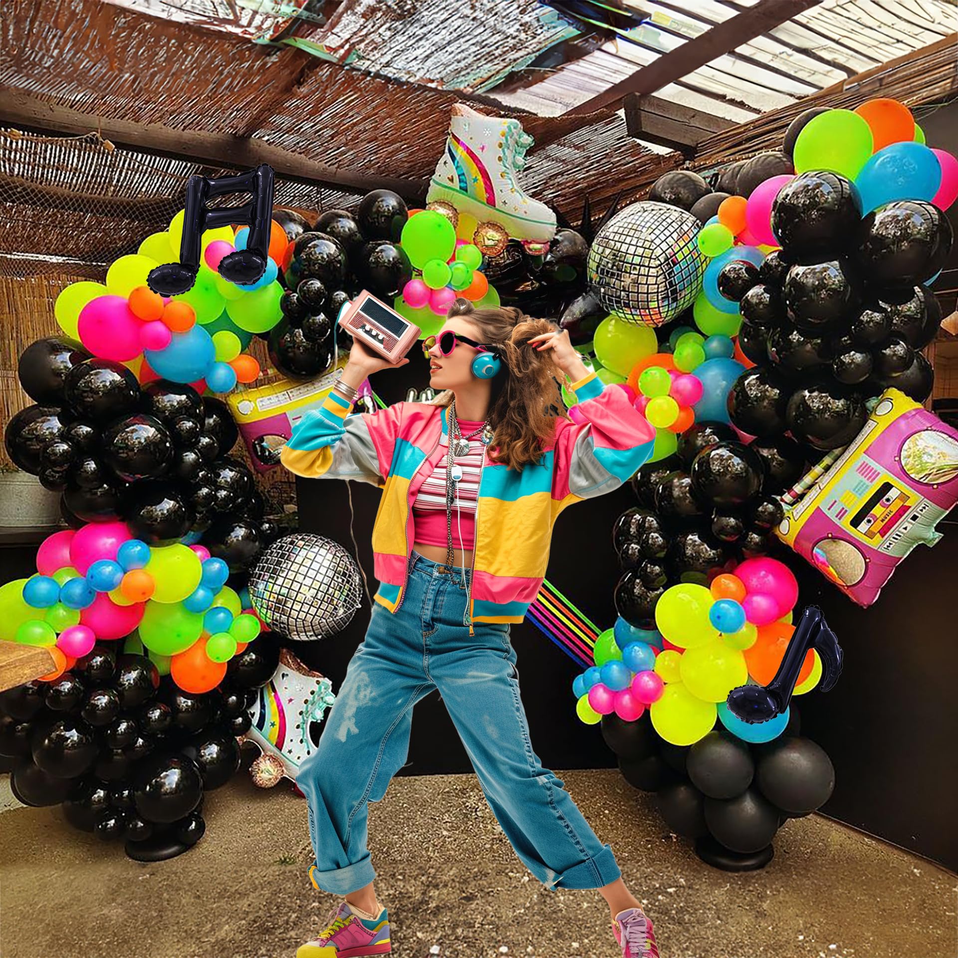 80s 90s Party Decorations 70s Retro Balloon Kit With Disco Ball Radio Skate Balloons For Freaknik Party Decor Disco Dj Music Throwback Birthdays, Proms, Back To The Future,Decades Dance themed Parties