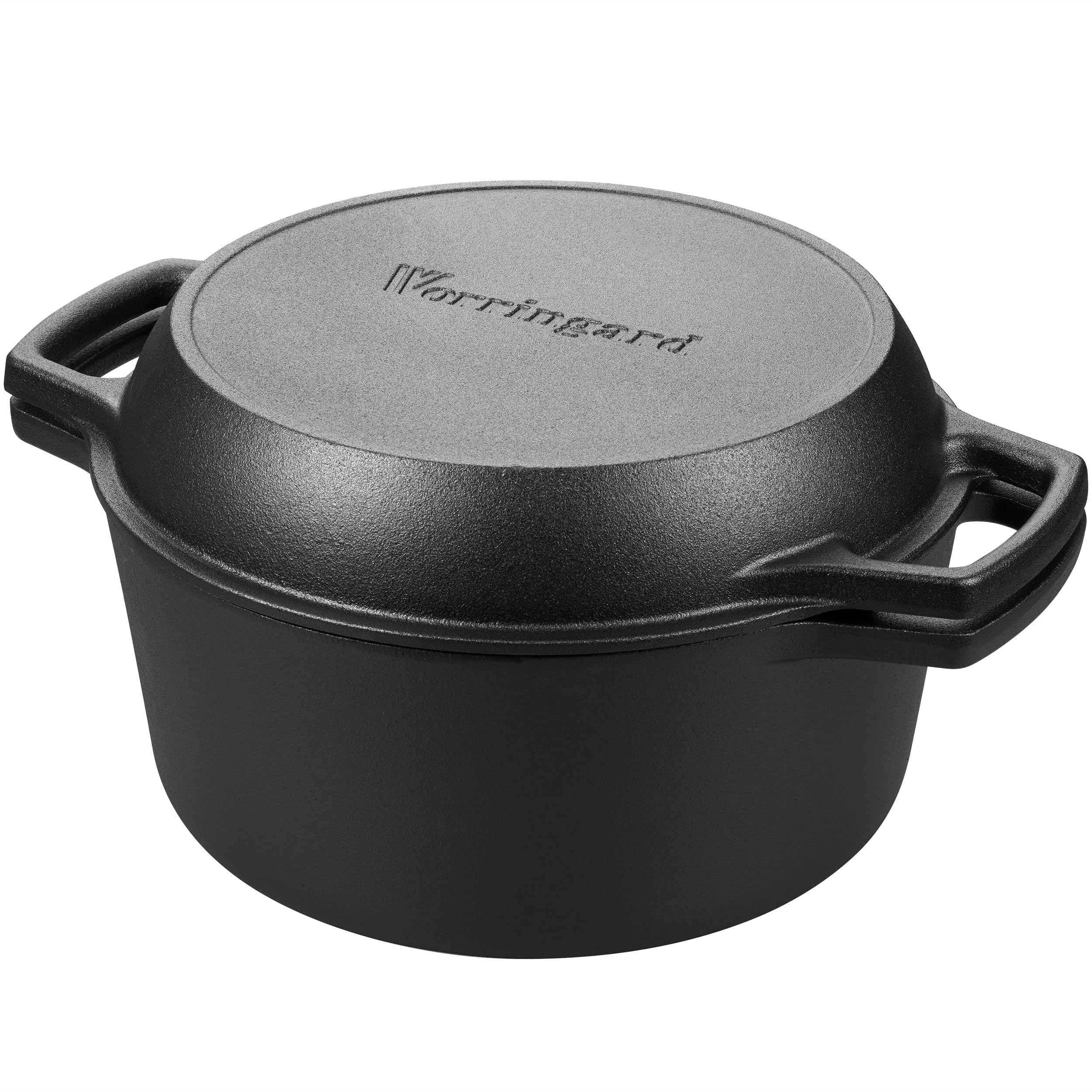 VORRINGARD Pre-seasoned Cast Iron Double Dutch Oven Pot with Skillet Lid, Dual-handle, for Bread Baking, Outdoor, Campfire Cooking, 5 Quart