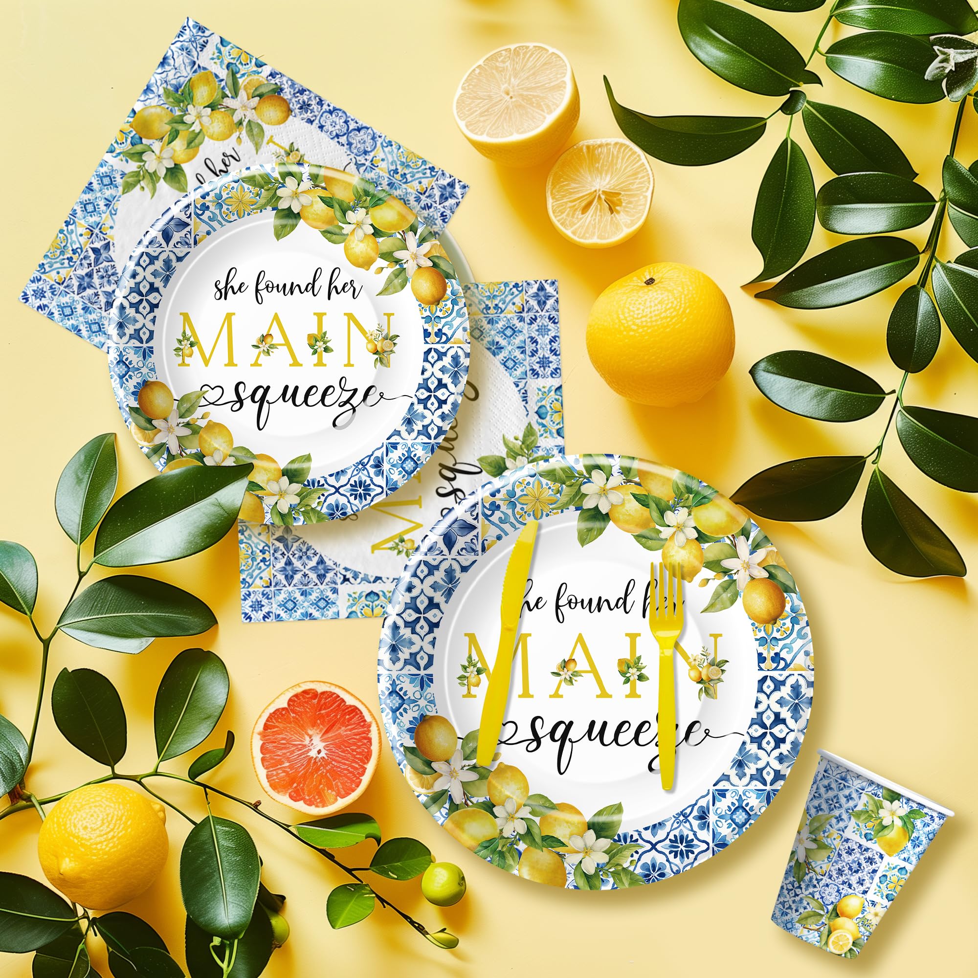 HIPVVILD She Found Her Main Squeeze Bridal Shower Party Tableware - Lemon Bridal Shower Decorations, Paper Plate, Cup, Napkin, Cutlery, Summer Citrus Fruit Capri Lemon Party Decorations | Serve 24