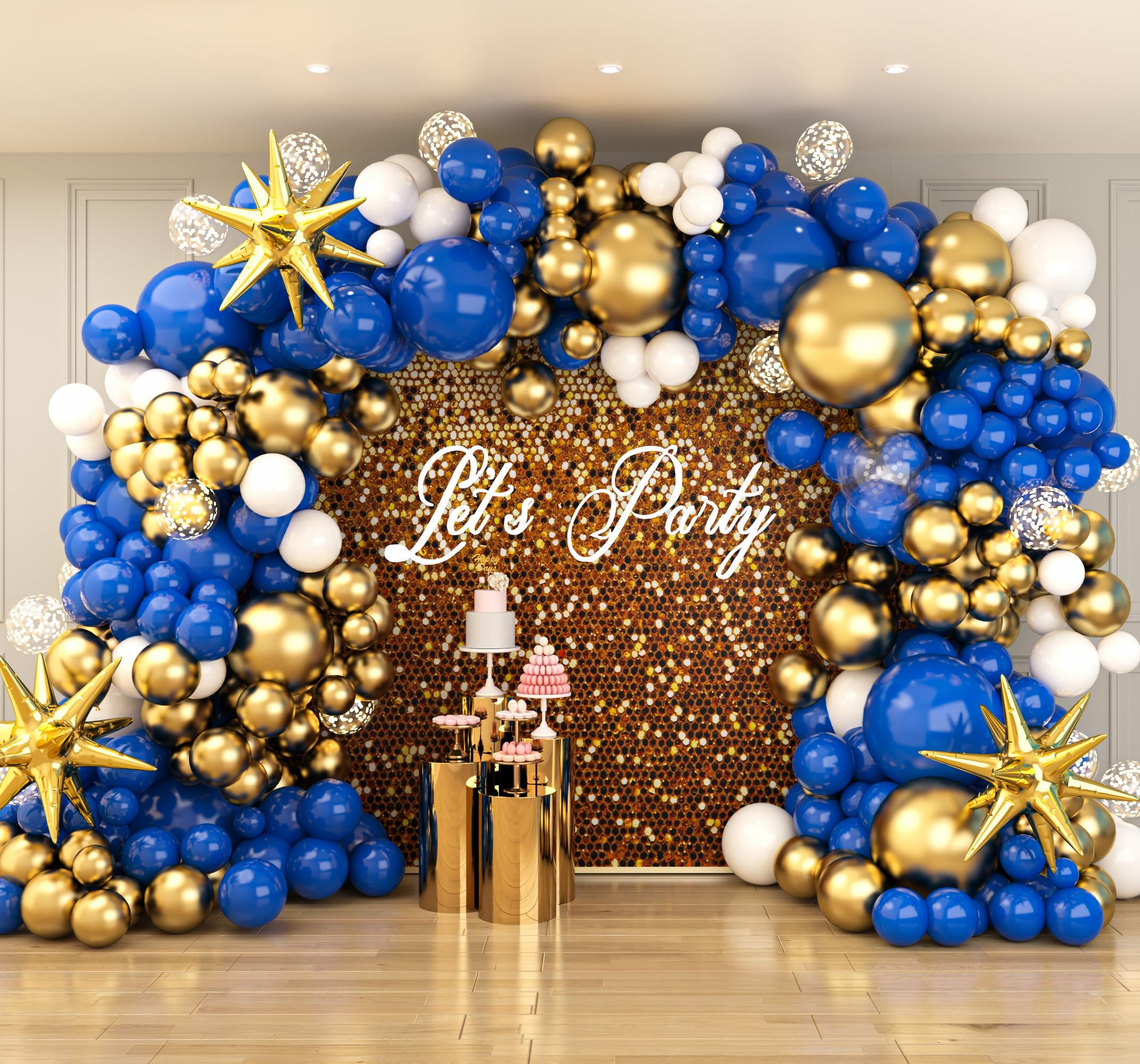 PARTYNOW 144Pcs Royal Blue and Gold Balloons Garland Arch Kit with Explosion Star Balloons 5/10/12/18in Blue White Gold Balloons for 2024 Graduation New Year Wedding Birthday Party Decorations