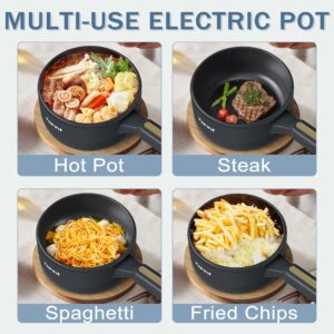 TOPWIT Hot Pot Electric, 2L Multifunctional Electric Pot, Non-Stick Fring Pan, Portable Pot for Steak, Egg, Fried Rice, Ramen, Soup with Dual Power Control (Silicone Spatula Included), Grey