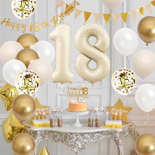 18th Birthday Decorations Sand White Gold,18th Birthday Balloons Beige Gold,Happy 18th Birthday Banner with Cake Toppers Number 18 Balloons for Girls Boys Birthday Party Decorations