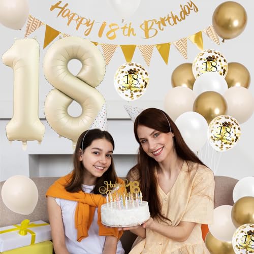 18th Birthday Decorations Sand White Gold,18th Birthday Balloons Beige Gold,Happy 18th Birthday Banner with Cake Toppers Number 18 Balloons for Girls Boys Birthday Party Decorations