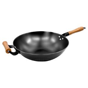 cast iron wok 12.6 inch nitriding process to prevent rust, lotus ripple instant heat pre-seasoned stir fry pan with helper handle