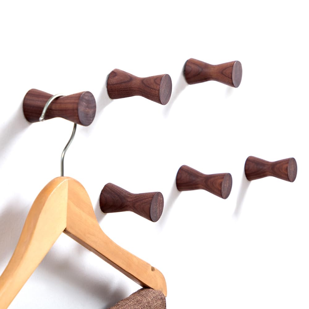 LONANGG 6pack Nordic Creativity Wall Hooks Beech Hook Decorative Hooks Wall Hook Coat Hangers Rack Hooks Solid Wood Hooks Towel Hook Ear Hook (Walnut 6hook)