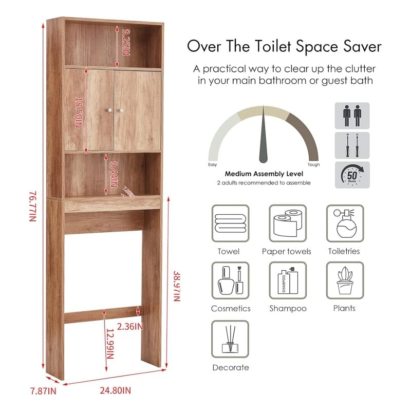 Nicemoods Over The Toilet Storage Cabinet, 77'' Taller Bathroom Organizer Shelf Space-Saving Collect Cabinet with Shelves and Double Doors, Brown