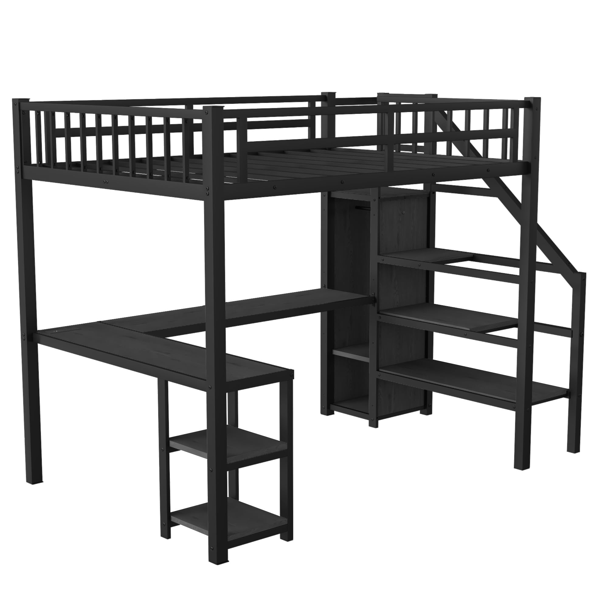 Full Size Loft Bed with Stairs and Desk, Metal Gaming Loft Bed with RGB LED Light, Heavy-duty Steel Loft Bed Frame with Storage Wardrobe, Shelves and Charging Station for Adults Kids Teens, Black