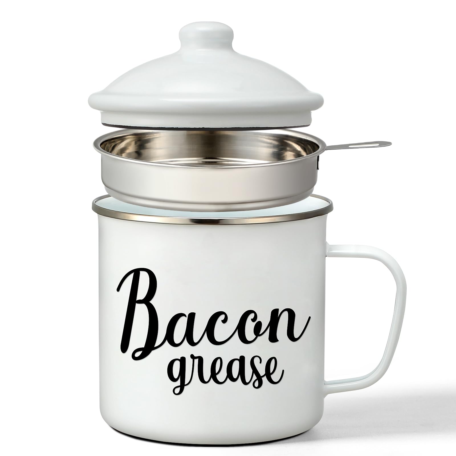 VITEVER 46OZ LARGE Bacon Grease Saver with Fine Mesh Strainer & Handle - Enamel Oil Keeper Container, Bacon Fat Dripping Can - Farmhouse Kitchen Gift & Decor Cooking Accessories - White, Style 3