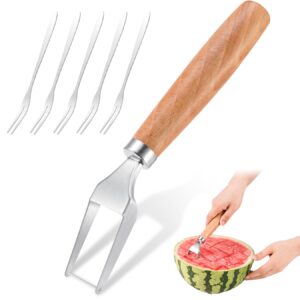 watermelon slicer cuts watermelons into cubes, stainless steel melon cutter with wooden handle, watermelon cutting tool fruit cutter with 5 fruit forks