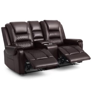 large massage recliner loveseat, lumbar heating reclining sofa chairs, pu leather, ergonomic living room chairs with cup holders, remote control, brown