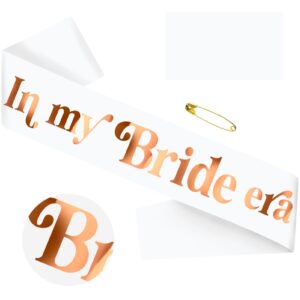 in my bride era sash with rose gold foil, white bride to be bachelorette sash for hen party bridal shower engagement wedding party decorations supplies accessories favors gift (white+rose gold)