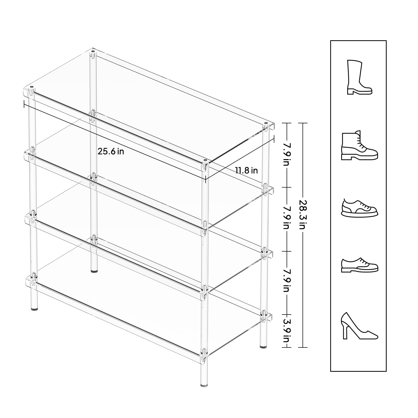 Aquiver 4-Tier Acrylic Shoe Rack - Shoe Rack Organizer - Modern Shoe Storage Shelf, Holds 12-16 Pairs of Shoes for Entryway, Closet - 25.6'' L x 11.8'' W x 28.3'' H, Clear, Easy Assembly & Clean