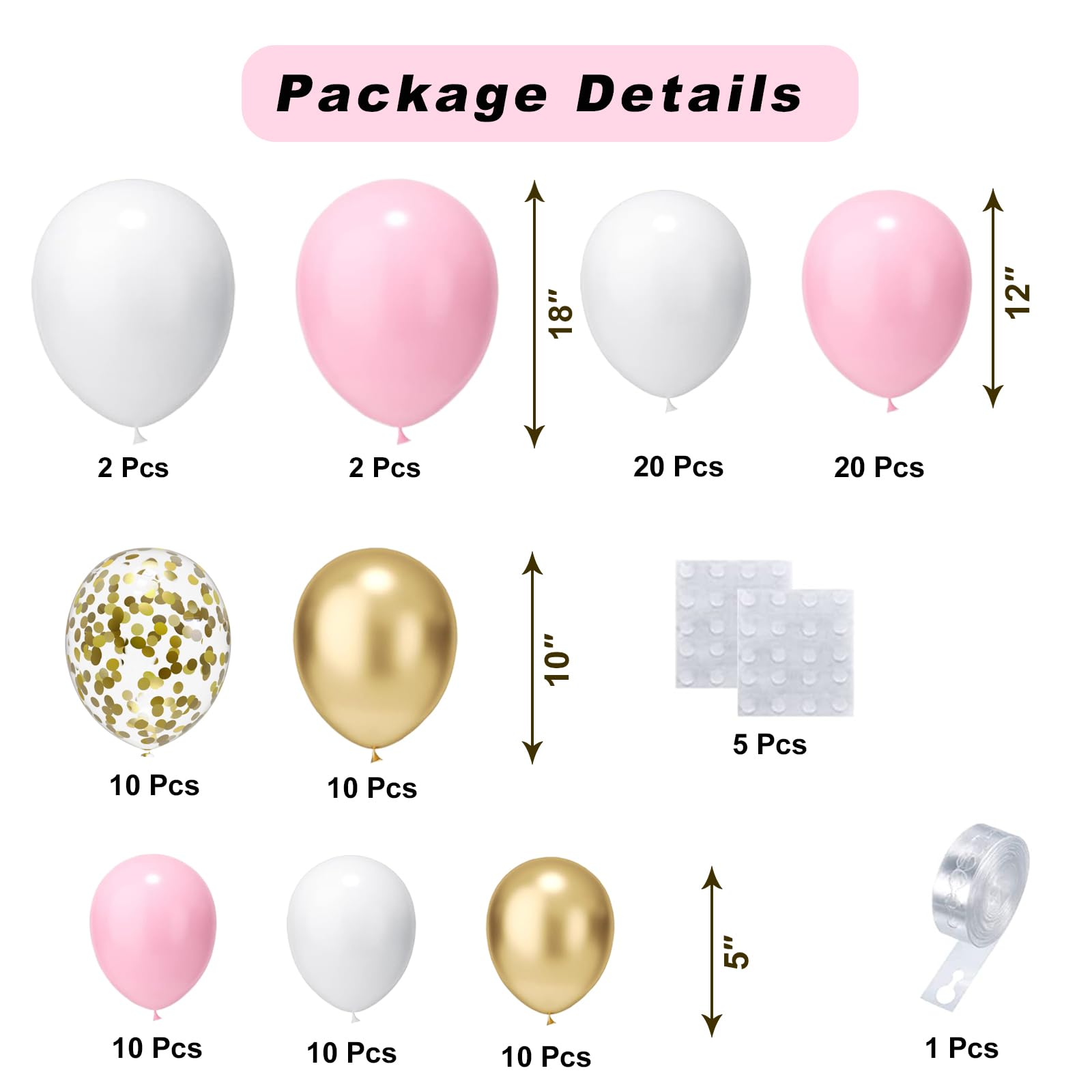 Pink and Gold Balloons Garland Kit, 124pcs Pink White Gold Confetti Metallic Latex Balloons Arch for Girls Baby Shower, Birthday, Wedding Decorations