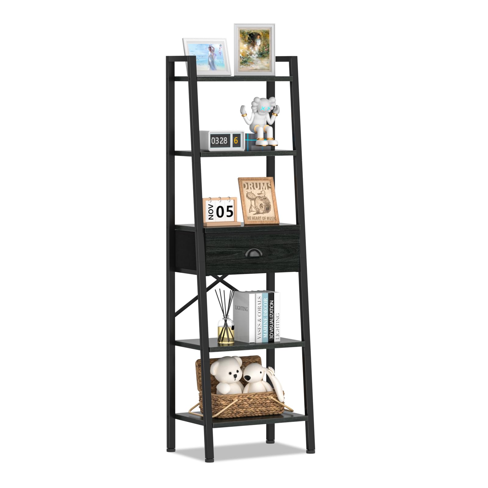 Furologee 5 Tier Bookshelf, Ladder Shelf with Drawer, Tall Bookcase Corner Shelf, Narrow Shelf Industrial Display Standing Units for Home Office, Living Room, Bedroom, Kitchen, Black Oak