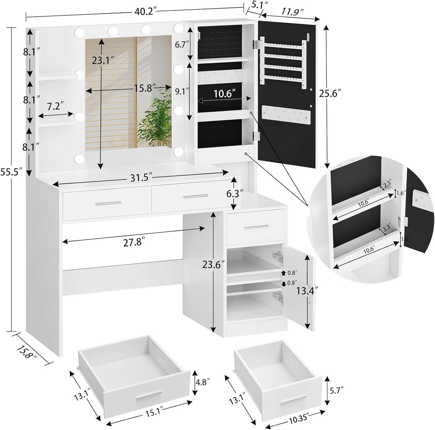 usikey Vanity Desk with Mirror and Lights, Makeup Vanity, Vanity with Jewelry Storage, Makeup Vantity Desk with 3 Drawers, for Women, Girls, Bedroom, White