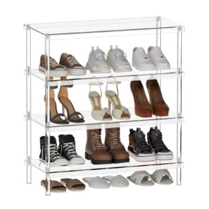 aquiver 4-tier acrylic shoe rack - shoe rack organizer - modern shoe storage shelf, holds 12-16 pairs of shoes for entryway, closet - 25.6'' l x 11.8'' w x 28.3'' h, clear, easy assembly & clean