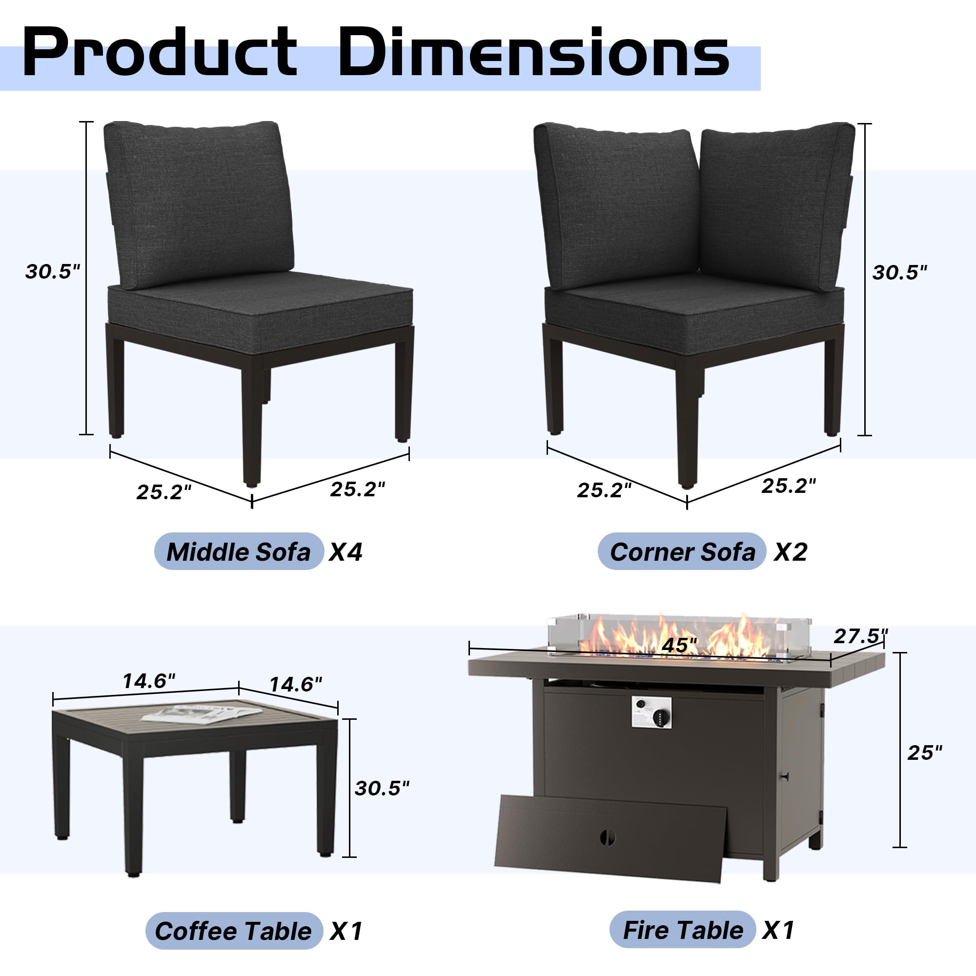 Gotland 6-Seater Patio Furniture Set with 43in Gas Fire Pit Table - Modern Outdoor Metal Sectional Sofa with 55,000 BTU Propane Fire Pit, Black Cushions