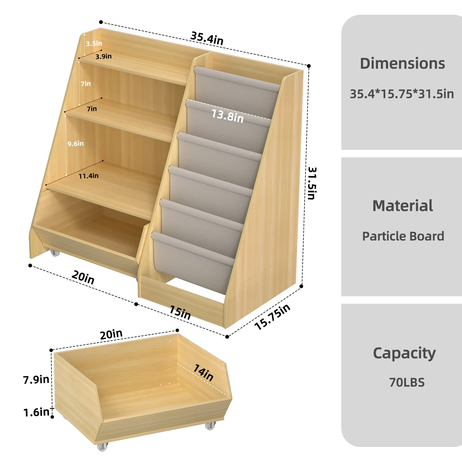 JHTOPJH 3 Tier Kids Wooden Bookshelf, 5 Sling Bookshelf, 1 Removable Storage Cabinet, Kids & Toddler Book Rack for Book Storage and Display