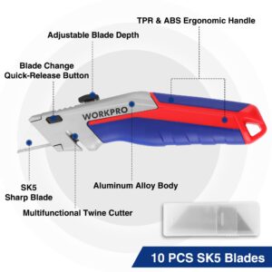 WORKPRO Retractable Utility Knife Set, 2-pack Quick-Change Box Cutter with Twine Cutter, Heavy Duty Aluminum Razor Knife with Comfortable Handle, 10 Extra Blades Included